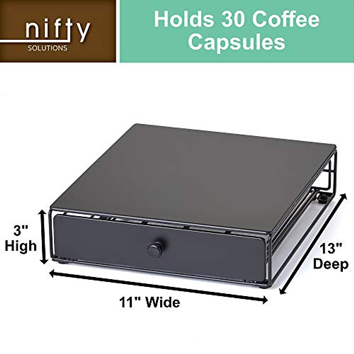 Nifty Coffee Pod Drawer – Black, Compatible with K-Cups, 30 Pod Pack Holder, Non-Rolling, Compact Under Coffee Pot Storage Sliding Drawer, Home Kitchen Counter Organizer