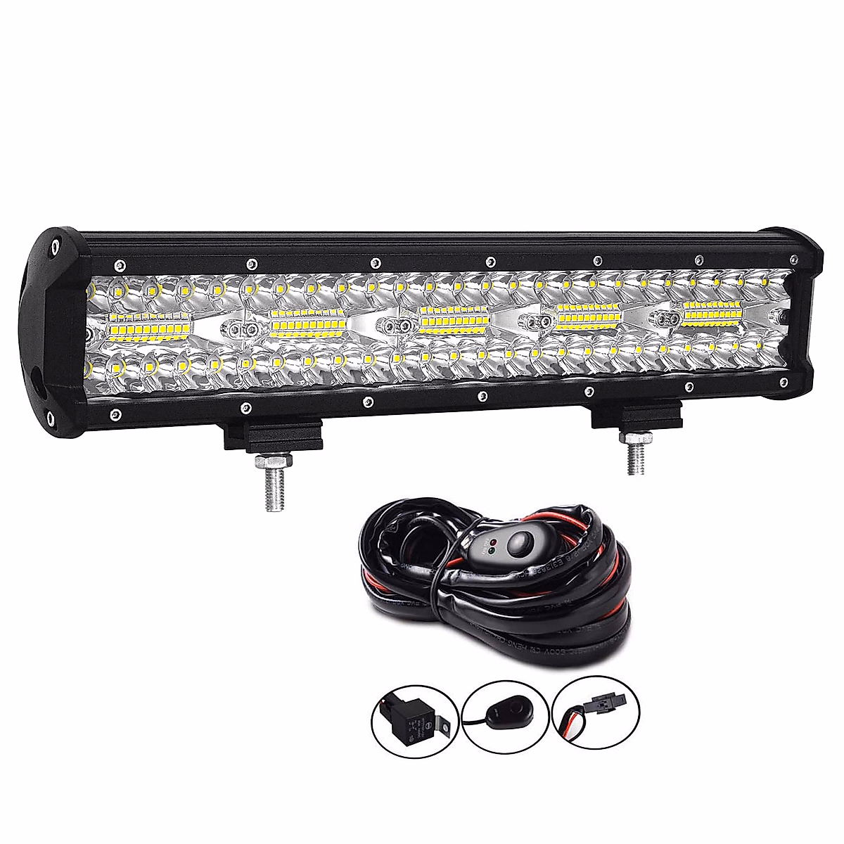 Willpower 15 inch 300W LED Light Bar Spot Flood Combo Triple Row Driving Light Off Road Lights LED Pods Cubes Rocks + Wiring Harness Kit for 4X4 4WD Car ATV UTV SUV Truck Tractor Trailer, 12V 24V DC