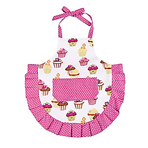 Claswcalor 100% Cotton Kids Girls Aprons, Cute Toddler Cupcake Baking Apron Adjustable Kitchen Pink Apron for Children Daughters Little Girls