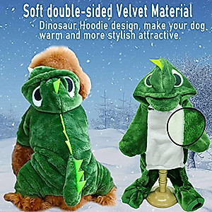 CAISANG Small Pet Halloween Costumes Cute Green Dog Hoodie Dinosaur Cosplay Clothing Winter Warm Onesies Coat Cat Cold Weather Clothes Velvet Pajamas Doggie Outfit Funny Apparel for Small Dogs XS