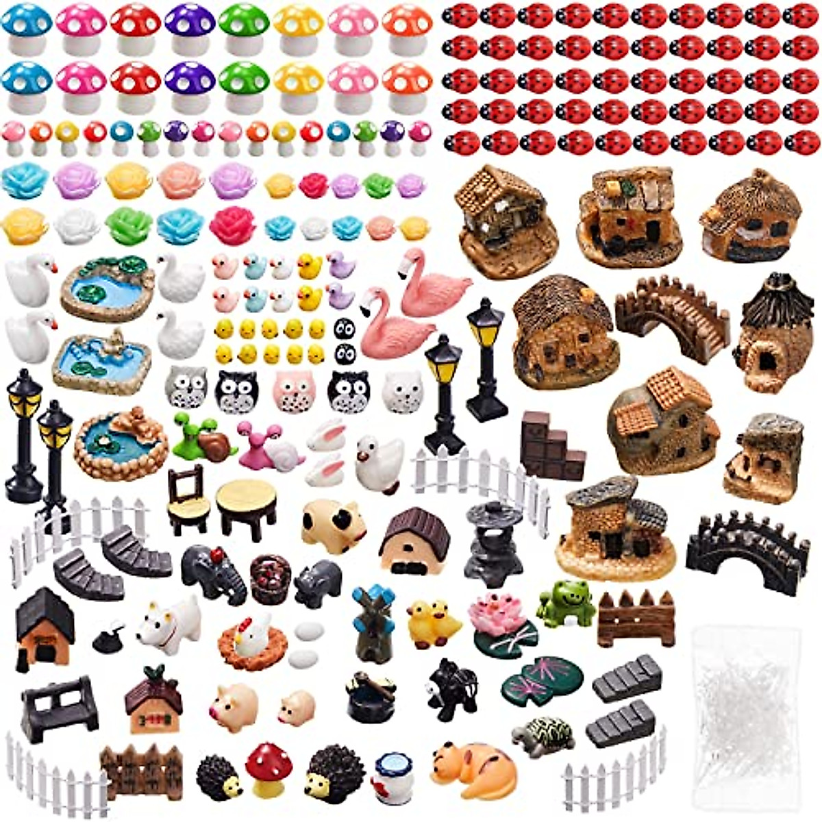 200 Pcs Miniature Fairy Garden Accessories, Including Animals, Mini Houses and DIY Dollhouse Decoration, Miniature Figurines, Micro Landscape Ornaments, Garden DIY Kit