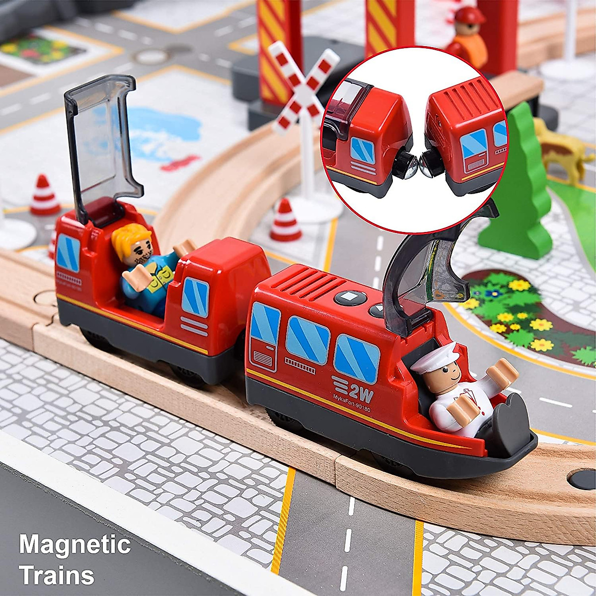 Giant bean Battery Operated Action Locomotive Magnetic Train Set for Wooden Train Tracks, Powerful Engine Compatible, Wood Train Track Toys for Kids 3+