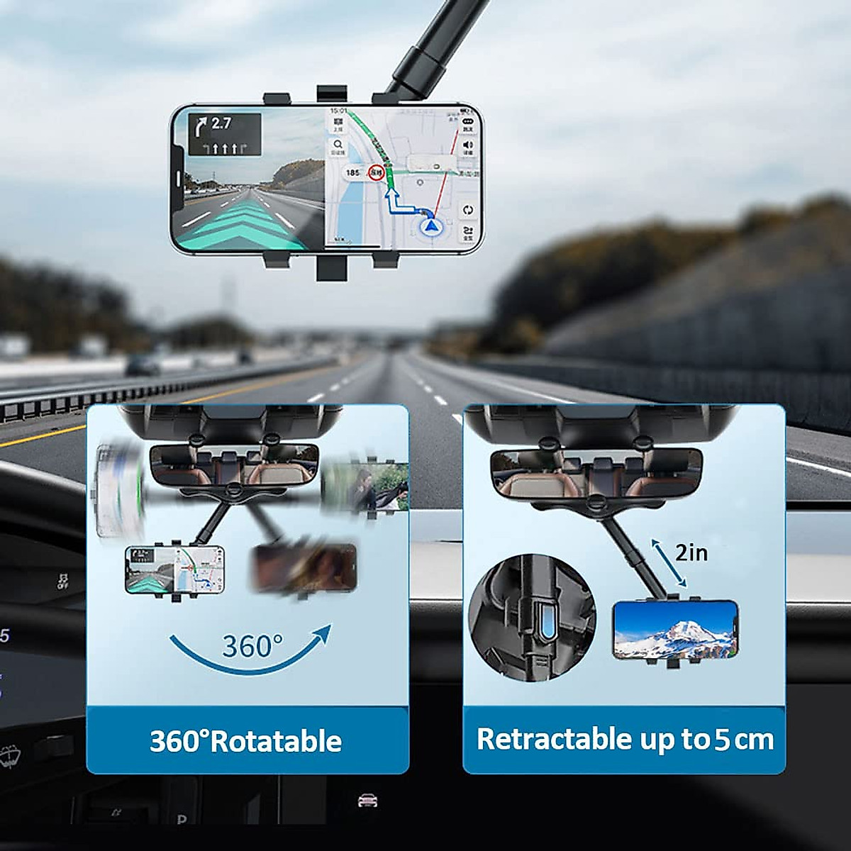 Kairiyard Car Phone Holder Mount, Car Rearview Mirror Phone Holder 360°Rotatable and Retractable Multifunctional Universal Cell Phone Mount Stand for All Mobile Phones