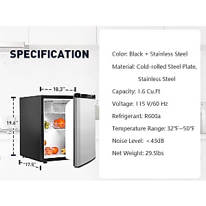 E-Macht Energy Efficient Compact Refrigerator 1.6CU.FT with Adjustable Thermostat - Ideal Mini Fridge for Dorms, Offices, Bedrooms or Kitchens