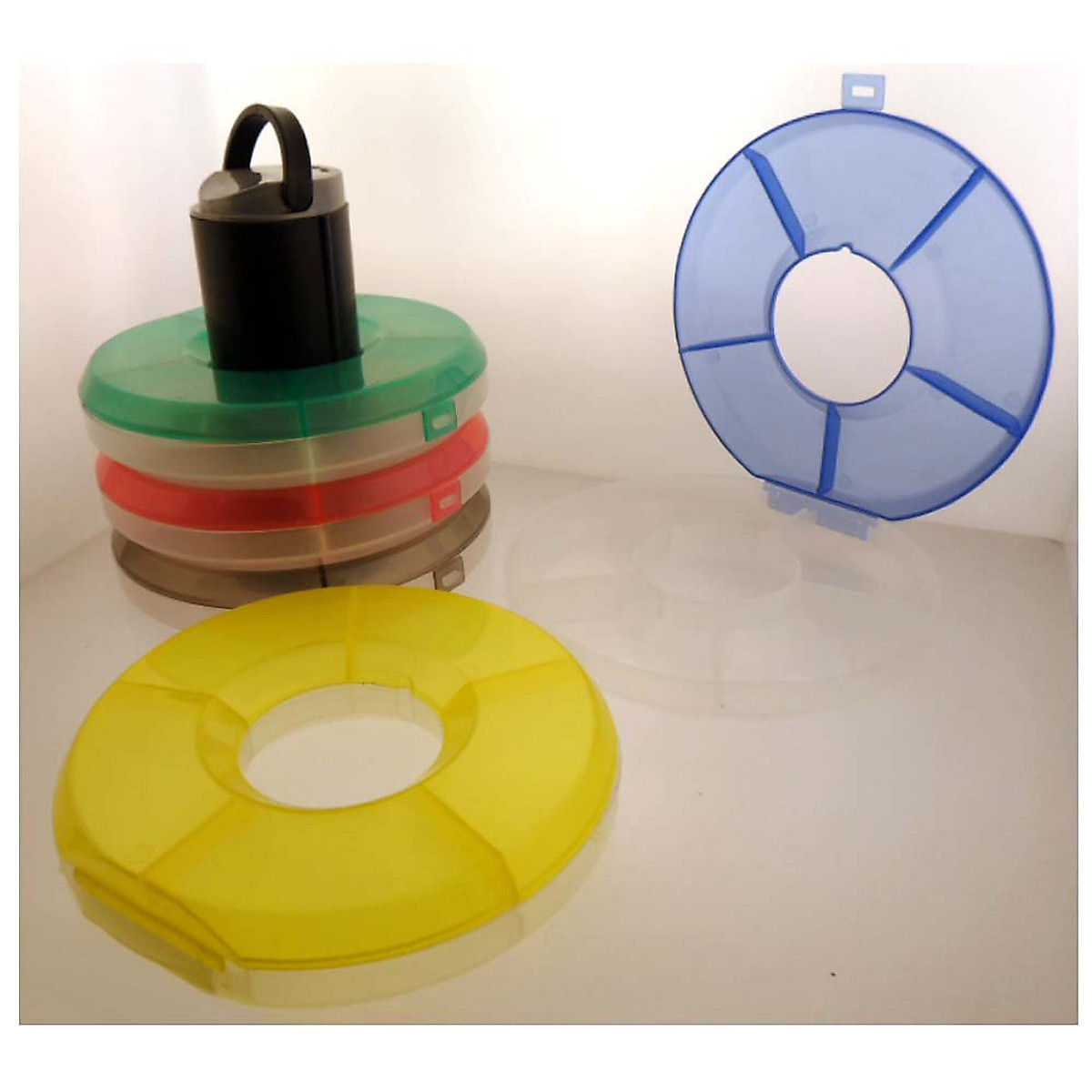 BIN BUDDY 5 Stackable Bead Storage Boxes | "Donut" Compartments | 6" (15.2 cm) Diameter, 1" (2.5 cm) Tall Each | 25 Total Sections | Clear Bottoms & Transparent Tops