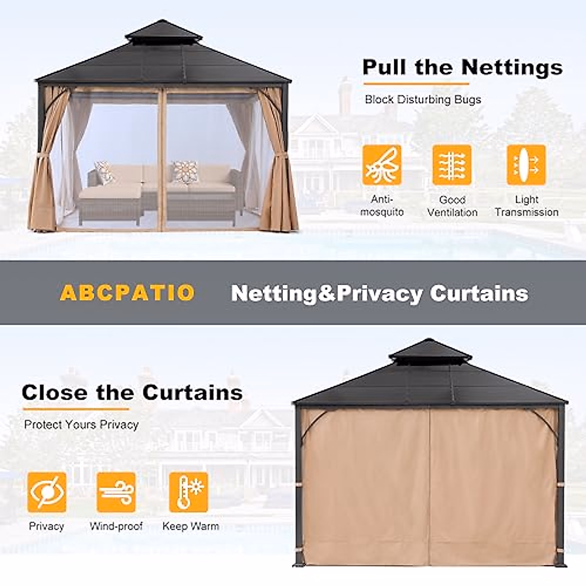 ABCPATIO 10x10 Hardtop Gazebo - Outdoor Polycarbonate Double Roof Gazebo Canopy, Metal Frame Permanent Pavilion with Curtains and Netting for Patio, Garden, Patio, Lawns (Beige)