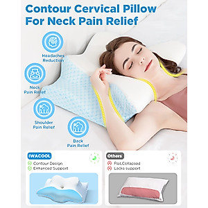 Cool Cervical Neck Pillow for Pain Relief, Ergonomic Contour Side Sleeper Pillow for Adults, Orthopedic Memory Foam Back Stomach Sleepers, 2 in 1 Stomach Sleeping Blue
