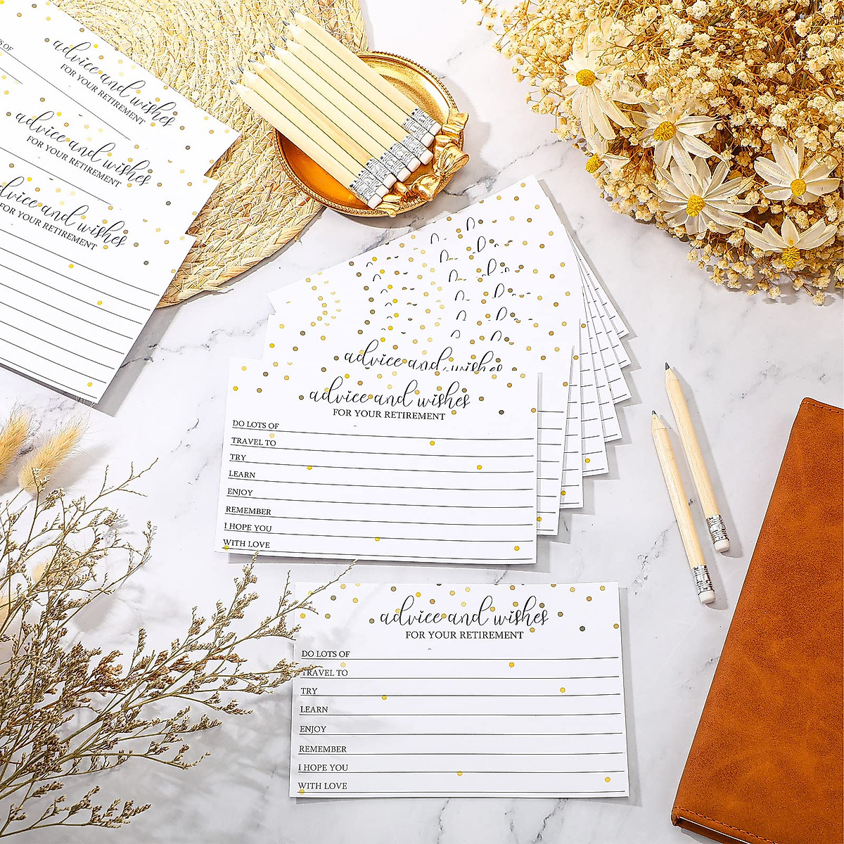 Fumete 50 Pieces Gold Retirement Party Advice and Wishes Cards with 10 Small Pencils and 1 Cardstock Place Card Retired Ideas Supplies and Decoration for Retirement Party Activities