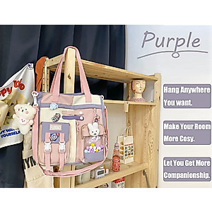 KOWVOWZ Kawaii Shoulder Tote Bag with Cute Pin Accessories Plush Rabbit & Bear Pendant Girl School Backpack Laptop Schoolbag Crossbody for Students (Purple)
