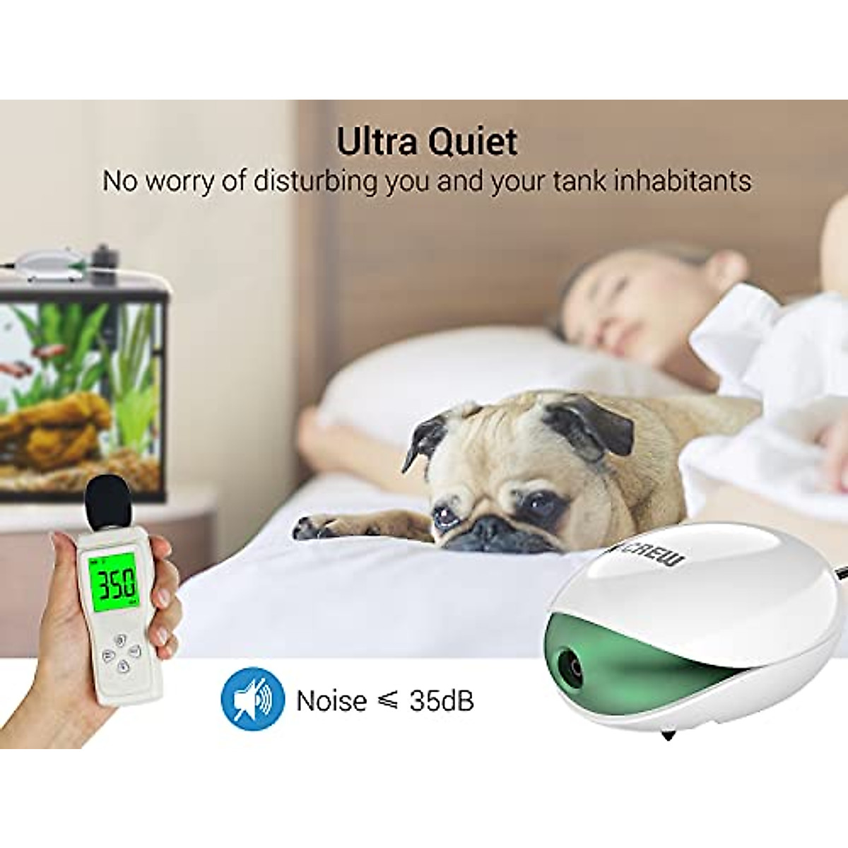 NICREW UFO Aquarium Air Pump, Ultra Silent Air Aerator Pump for Fish Tank, Oxygen Pump with Dual Outlets, Accessories Included, 2.5W