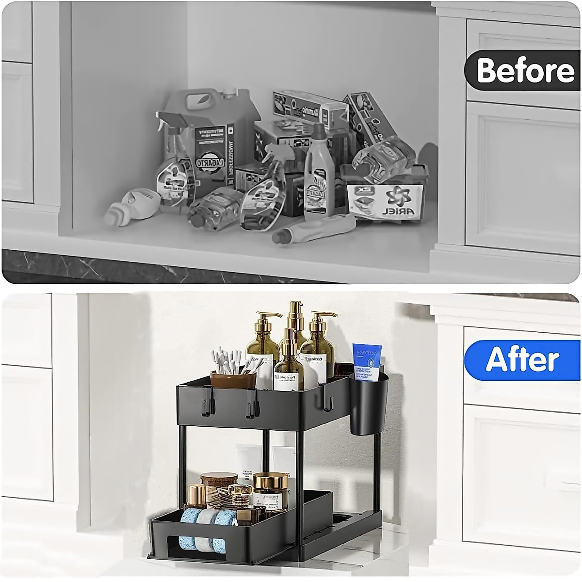 2 Pack Under Sink Organizers and Storage With Sliding Storage Drawers Basket,2 Tier Bathroom Organizer Under Sink,Kitchen Cabinet Organizers And Storage Rack With Hooks,The Bottom Can Be Pull Out