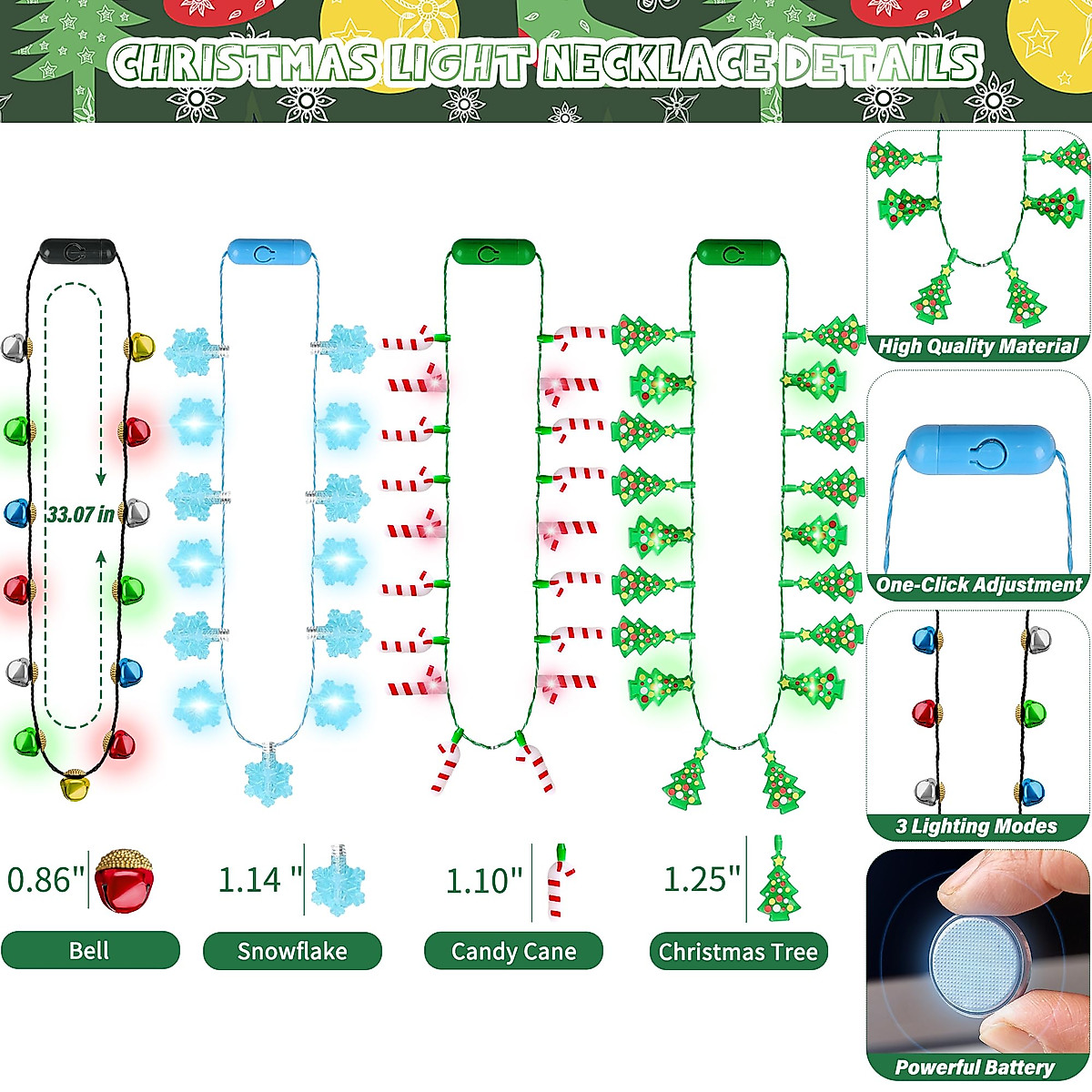 Light up Christmas Necklace, 4PCS Christmas Necklace Glow Party Accessories, Flashing Candy Cane Xmas Tree Snowflake Bell 4 Kinds of Necklaces, Christmas Necklaces for Ugly Xmas New Year Party Favors