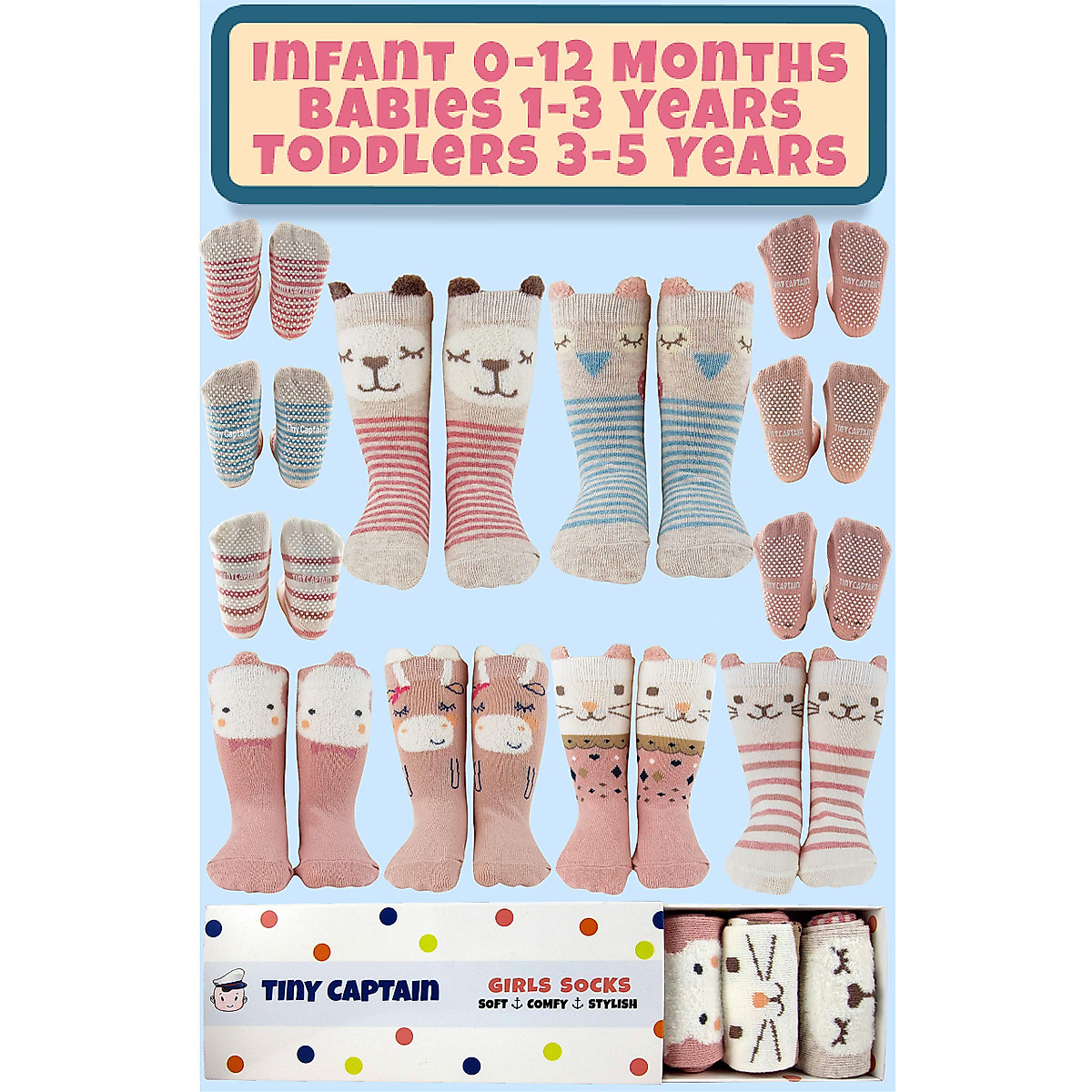 Tiny Captain Baby Toddler Girls Animal Grip Tube Socks Non/Slip Anti-Skid 1 Year Old Gift Ages 1-3 Socks(1-3 Year Old, Pink)
