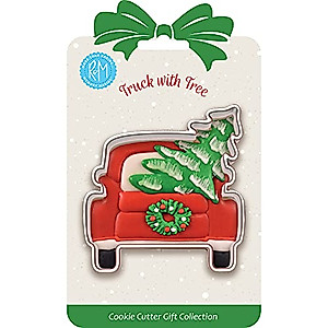 R & M International 8012 Truck with Christmas Tree Shaped Tinplated Steel Cookie Cutter, 3.25", Gift Tag Carded