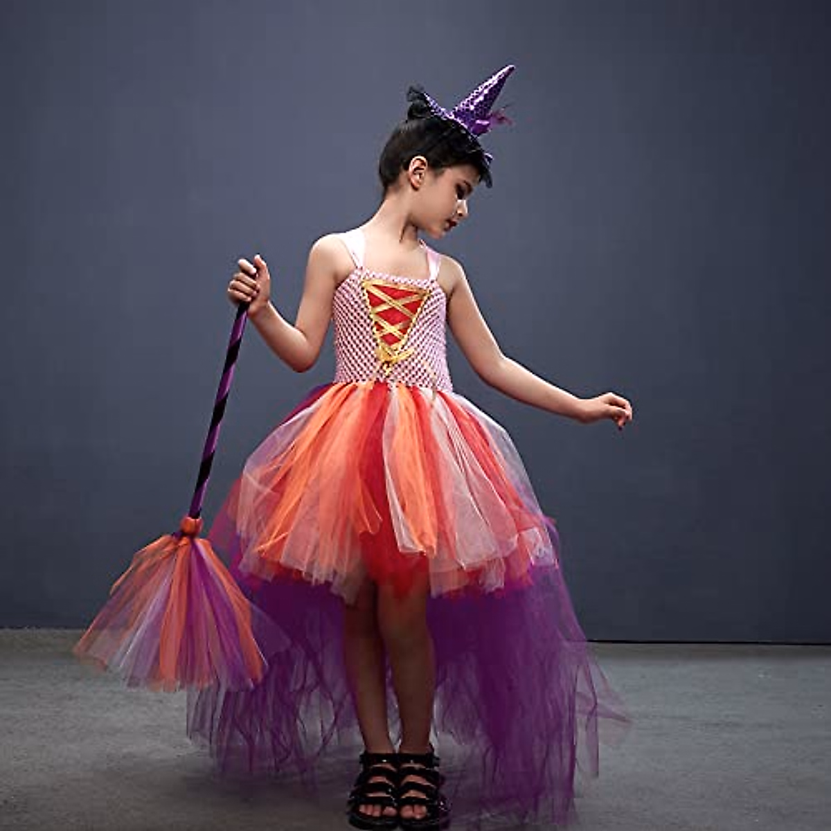 IBAKOM Toddler Halloween Costumes for Girls Wicked Witch Tulle Dress Witch Hat Broom Hood Cloak Carnival Fancy Party Fairytale Spell Caster Wizard Dress Up Teen Girl Witch Dress Pink 4-5 Years