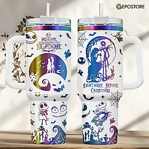 GEPOSTORE Birthday Gifts for Movie Lovers, Skeleton Couple 40oz Laser Tumbler with Handle, Spooky Movie Cup, Horror Movie Coffee Mug, Gifts for Christmas Halloween