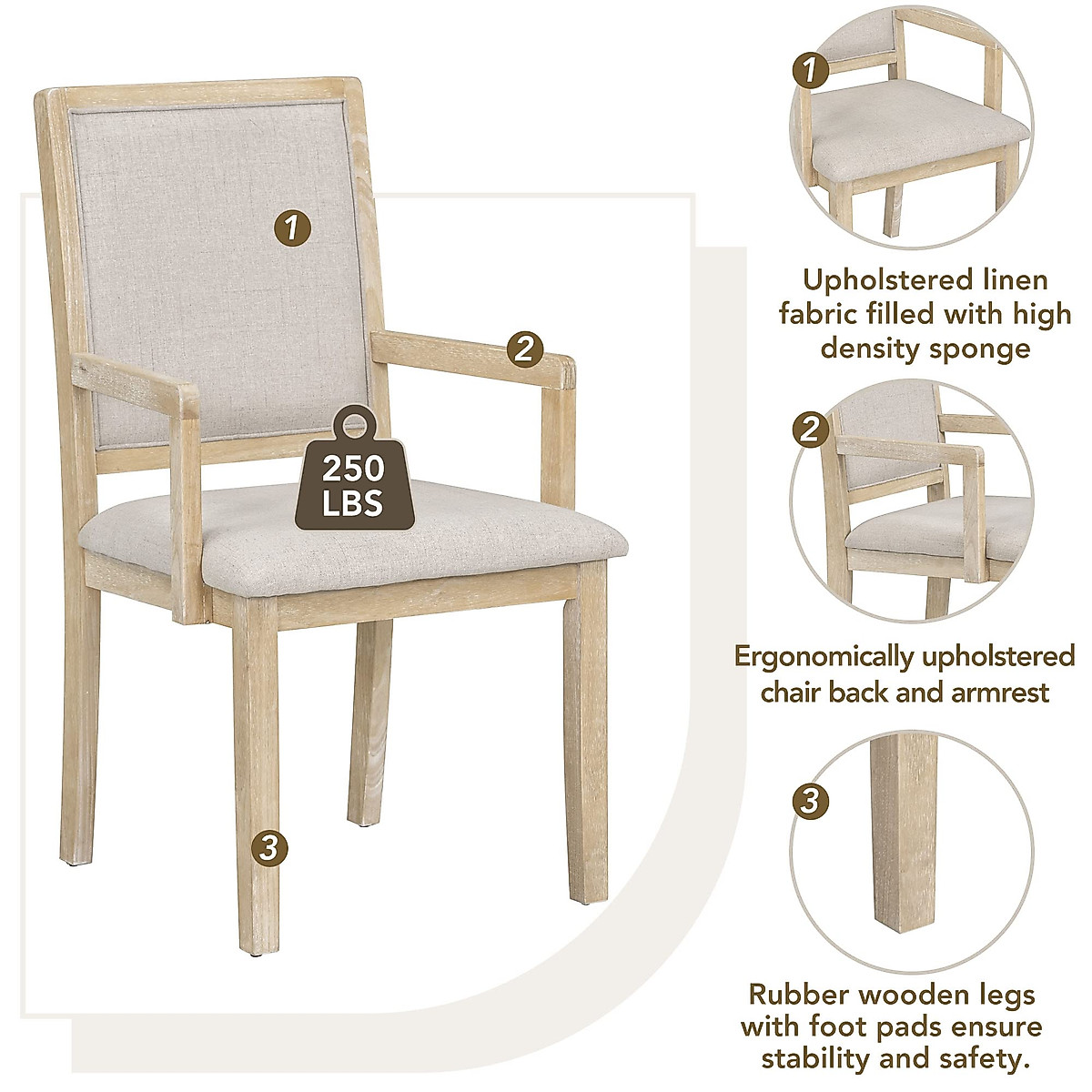 FIQHOME 5-Piece, Round to Oval Extendable Butterfly Leaf, Table and 4 Upholstered Chairs with Armrests,Kitchen Dining Set,Natural Wood Wash