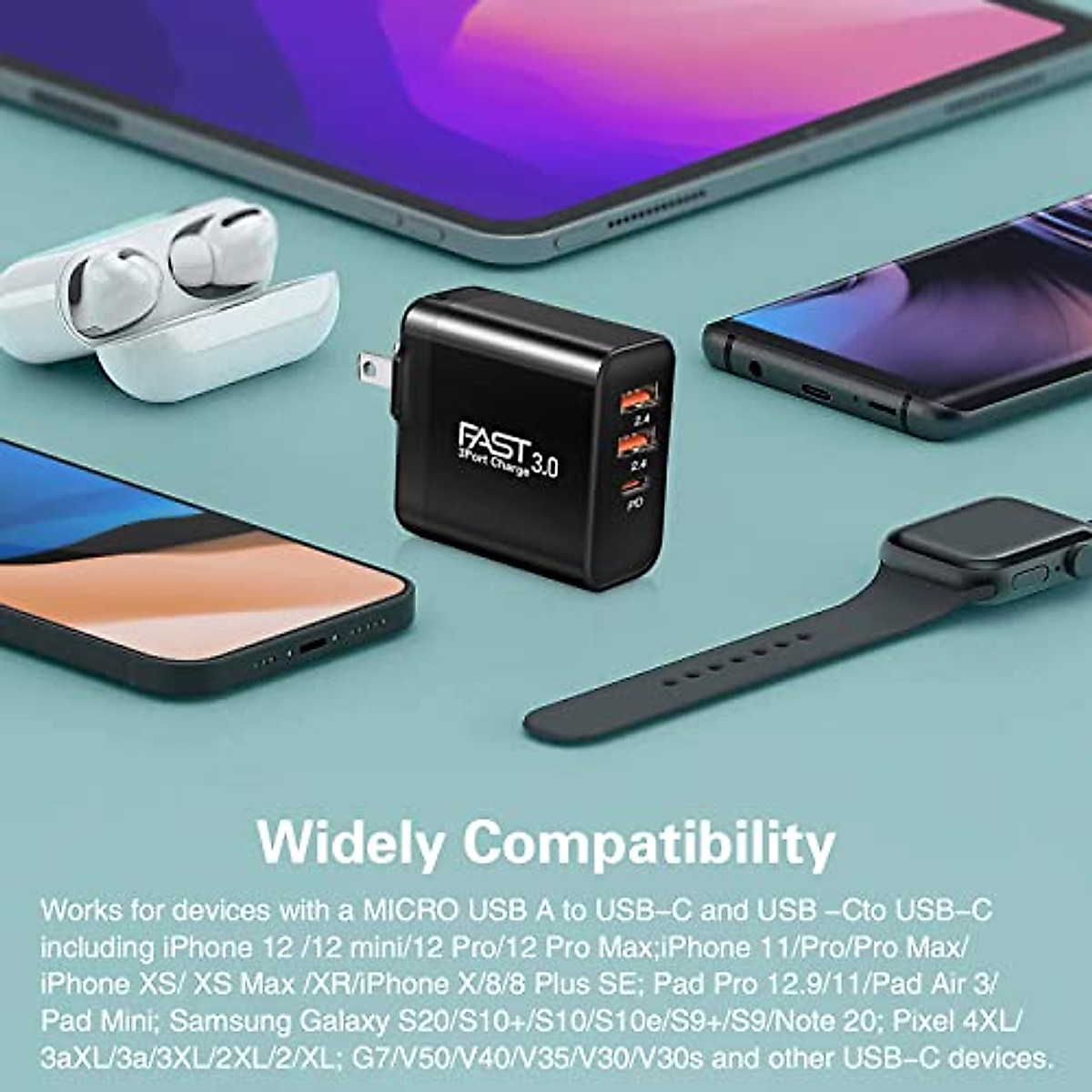 3Pack USB C Charger,30W Boxeroo 3-Ports with PD Power Adapter+2.4A Quick Charging 3.0 Wall Charger Foldable Block Plug for iPhone 12/11 /Pro Max, XS/XR/X, Pad Pro, Samsung Galaxy, More (Black)