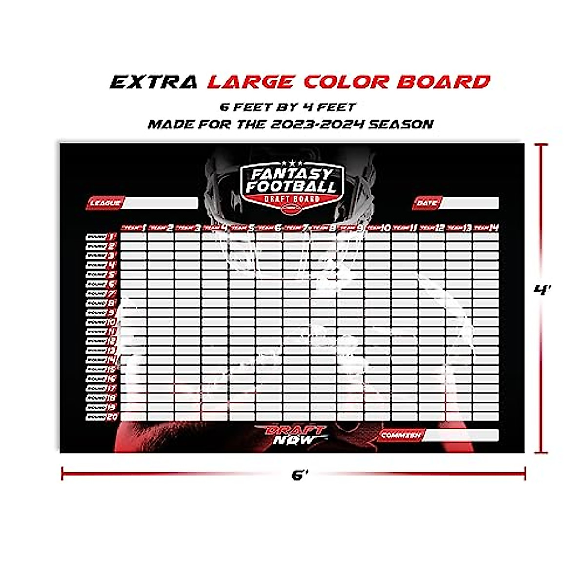XL Fantasy Football Draft Board for The 2023-2024 Season Kit, 120 LB Material - 6 Feet x 4 Feet Board - Up to 14 Teams & 500+ Player Stickers