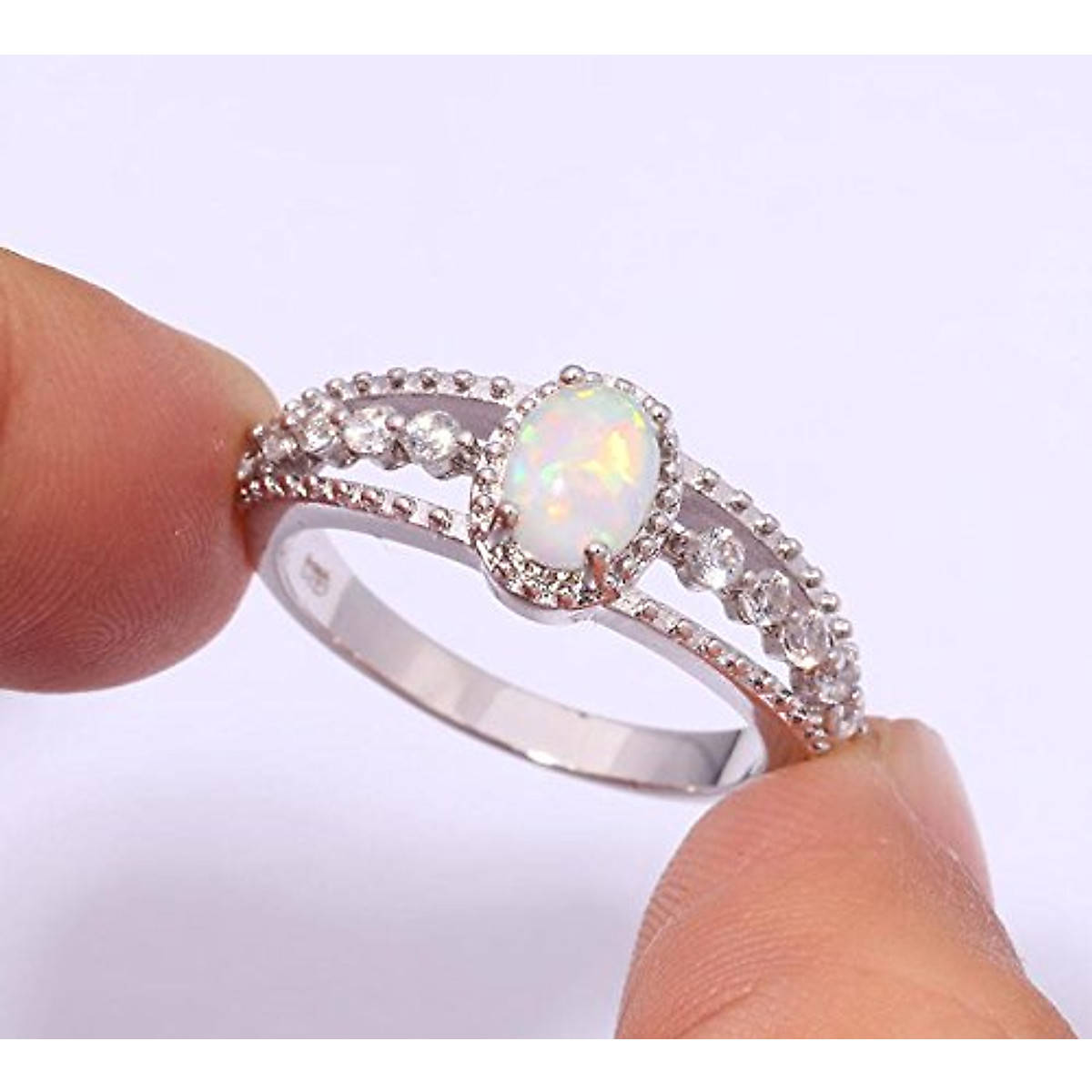 CiNily Opal Wedding Engagement Ring-14K White Gold Plated White Fire Opal with Cubic Zirconia for Women Bridal Gemstone Ring Size 5