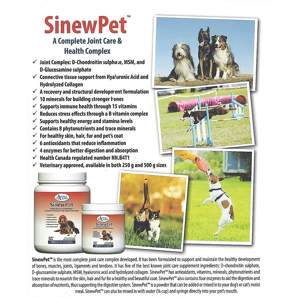 Omega Alpha Pets - Performance & Mobility-A Complete Joint Care and Health Complex + D-Chondroitin, D-Glucosamine, MSM, Hyaluronic Acid & Collagen- SinewPet-500g (One Bottles)
