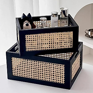 QRZLP Storage Basket, Wooden Bamboo Weaving Storage Basket Hand-Woven Desktop Storage Bins for Toys, Snacks, Office/Home Supplies, Cosmetics, etc. (S)