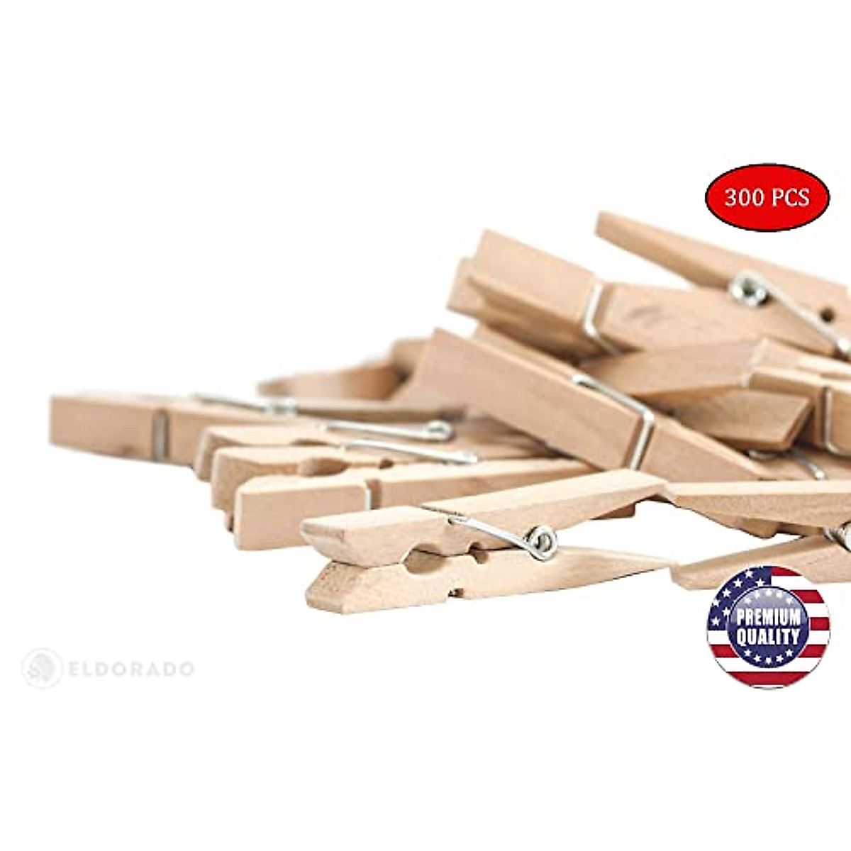 Eldorado Clothespins - 300 PCS. Standard Natural Wooden, Stain Proof, 3 inch, for Multipurpose Everyday Laundry, Clothes, Towels, Craft, Photos, Pictures, Decor, Baby Shower, Art Wall (300)