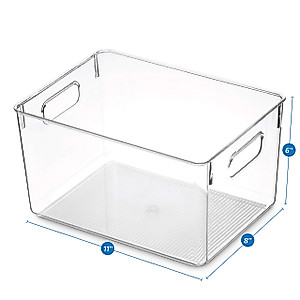 Set Of 4 Clear Pantry Organizer Bins Household Plastic Food Storage Basket with Cutout Handles for Kitchen, Countertops, Cabinets, Refrigerator, Freezer, Bedrooms, Bathrooms - 11" Wide