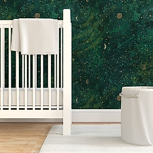 Peel & Stick Wallpaper 3ft x 2ft - Dark Green Moon Stars Bohemian Star Night Celestial Custom Removable Wallpaper by Spoonflower