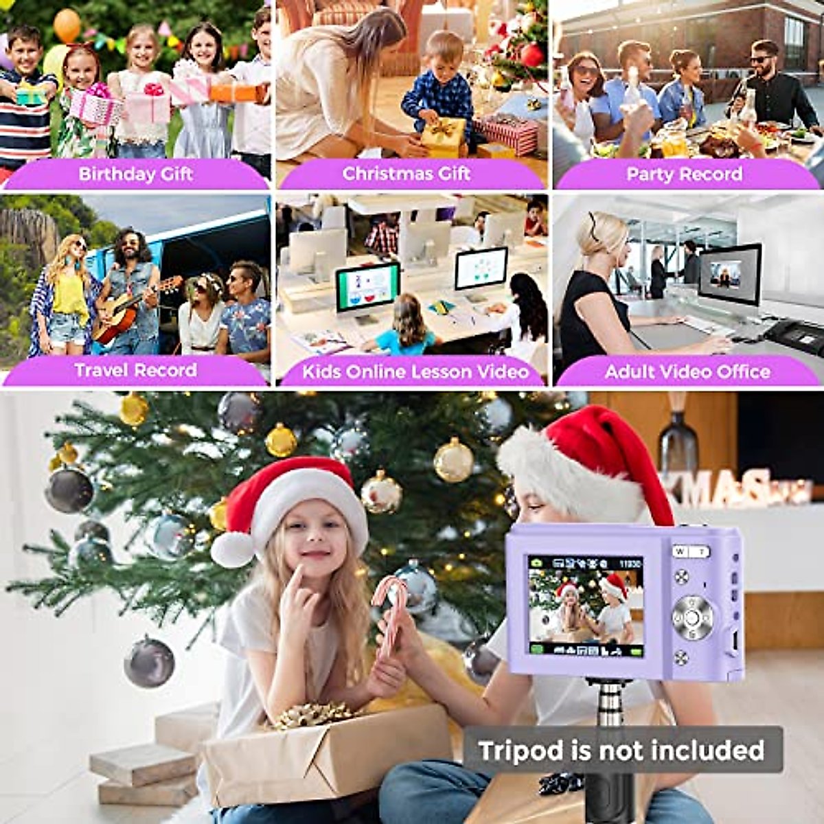 Digital Camera, RUAHETIL Autofocus FHD 1080P 48MP Kids Vlogging Camera with 32GB Memory Card, 2 Charging Modes 16X Zoom Compact Camera Point and Shoot Camera for Kids Teens (Purple)