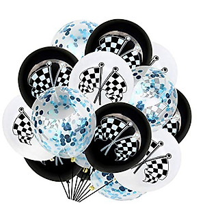 Amosfun 15pcs Checkered Racing car Flags Latex Balloons Confetti Balloons for Race Car Themed Birthday Party Decorations (Blue Confetti)