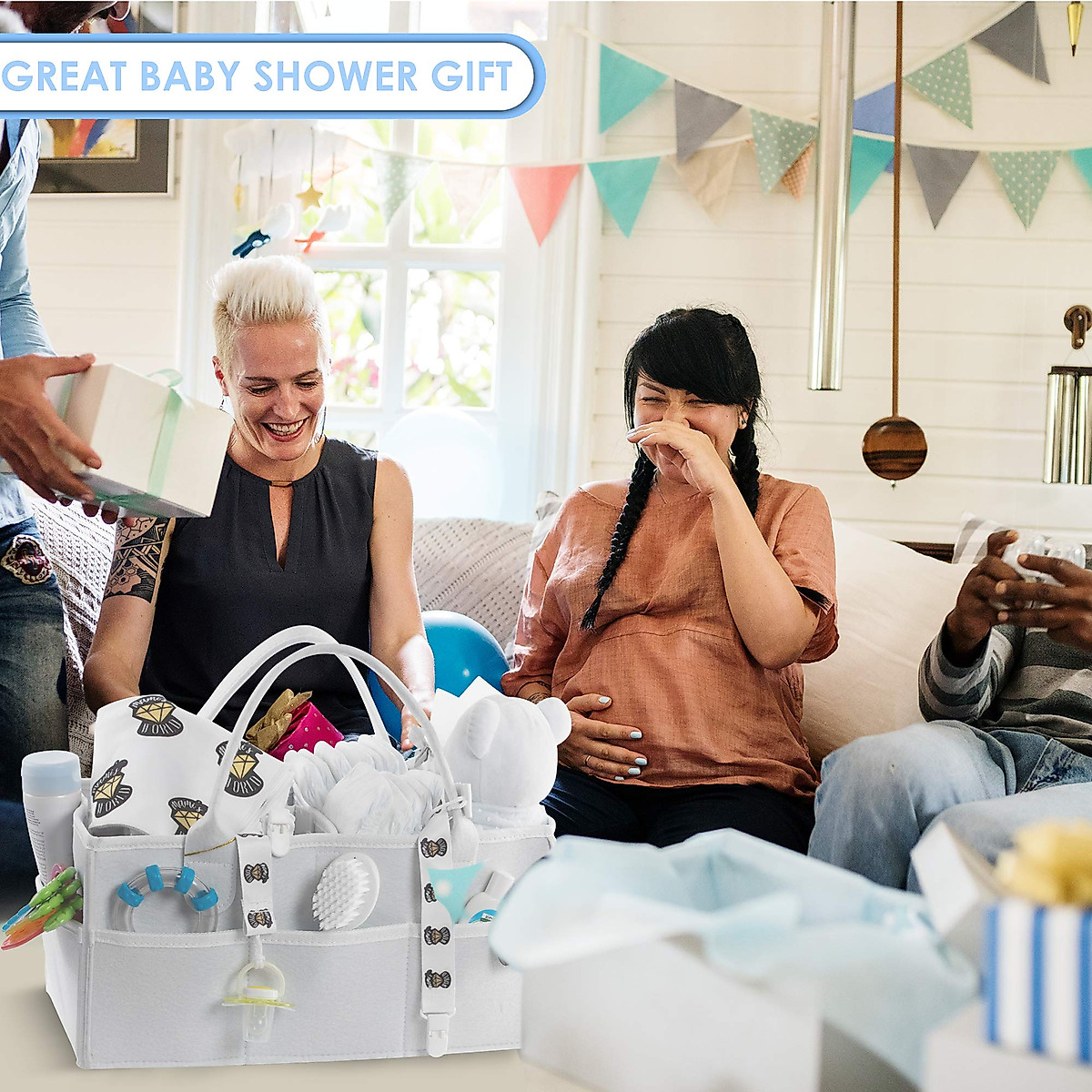 Mami's World: Baby Diaper Caddy Organizer; Portable Bag Holder for car & Changing Table; Essential Storage Bins for Nurseries with Gifts- 2 Pacifier Clips & 2 Bibs