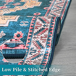 ROYHOME Area Rug Machine Washable Rug Small Throw Carpet 4x6 Rug Boho Area Rug Non Slip Distressed Area Rug Oriental Rug for Living Room Bedroom Kitchen, Blue 4' x 6'