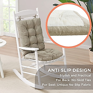 Rocking Chair Cushion, Rocker Chairs Replacement Cushions Set for Indoor, Water Resistant Extra Cozy Tufted Seat Pads and Non Slip High Back Pad with Ties for Outdoor, Memory Foam Added, Taupe