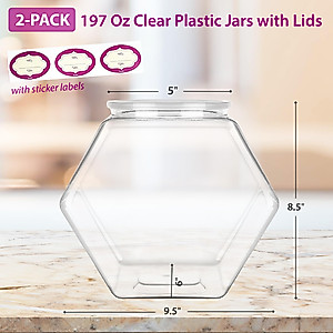 DilaBee Plastic Cookie Jars with Airtight Lids - 2 Pack - Clear Plastic Candy Jars for Candy Buffet, Kitchen Counter, Hexagon Food Storage Containers - 197oz