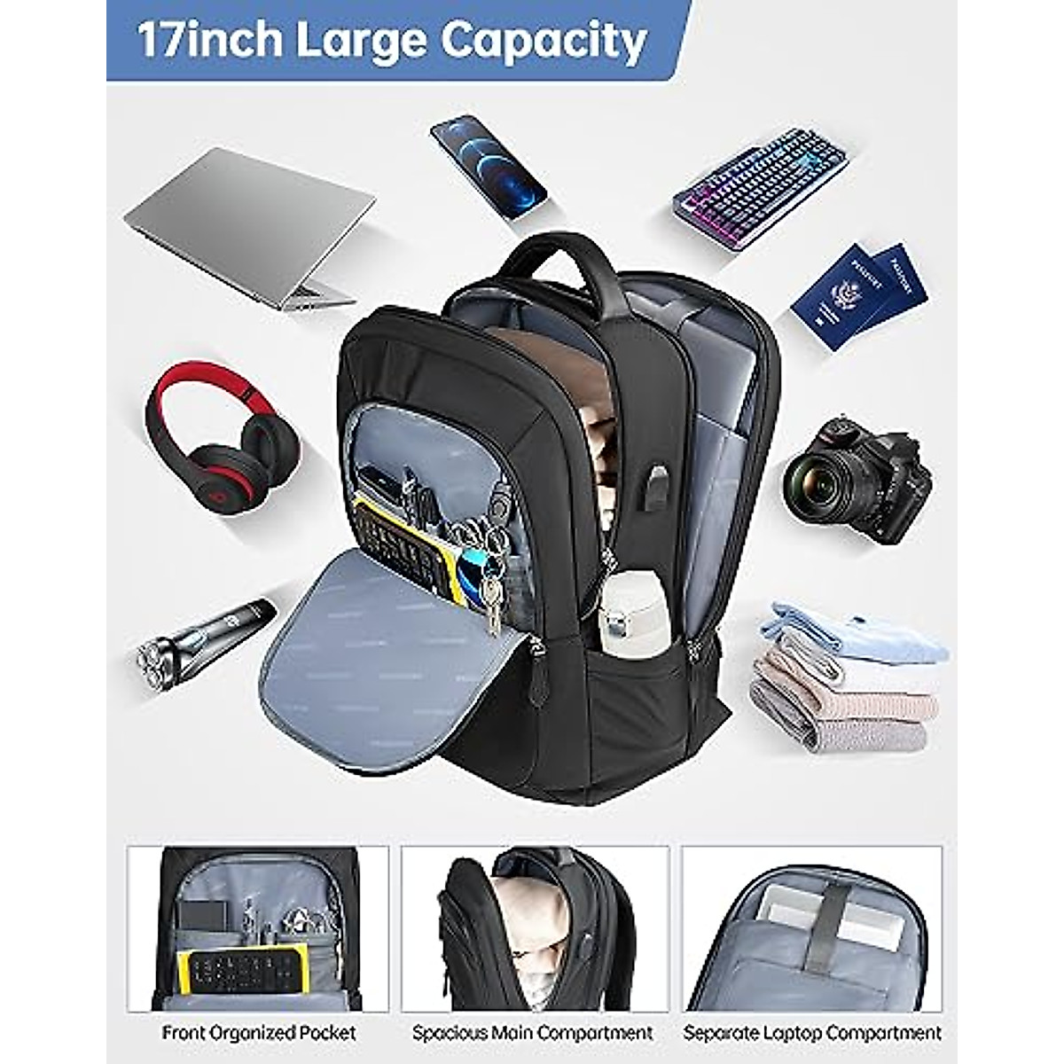 17 Inch Laptop Backpack for Men, TSA Approved Large Computer Backpack with USB Charging Port, Water Resistant Travel Business Backpack for Women, Anti Theft Carry on Daypack College Office Bag, Black
