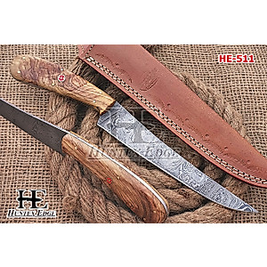 HUNTEX Handmade Hand-Forged Twist Pattern Damascus Steel 11.5 Inch Long Full Tang Olive Wood Handle Razor Sharp Hunting Camping Fillet Knife w/Genuine Leather Pouch