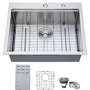 UFaucet 25×22 Drop in Kitchen Sink, 25 Inch Top Mount Stainless Steel Kitchen Sink, Modern Commercial Workstation Single Bowl Laundry Utility RV Sink with Accessories