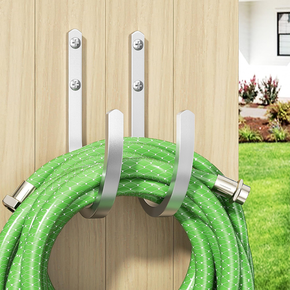 Garden Hose Holder Wall Mount - Heavy-Duty Aluminum Hose Hanger for Outside, Durable Wall-Mounted Hose Holder for Garden & Outdoor Use 8 Hooks, Silver