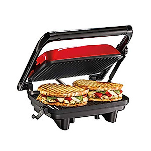Hamilton Beach Electric Panini Press Grill with Locking Lid, Opens 180 Degrees for Any Sandwich Thickness, Nonstick 8" X 10" Grids, Red (25462Z)