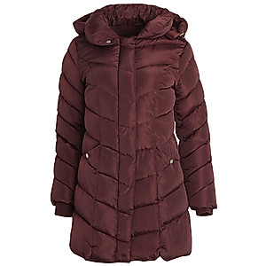 Steve Madden Women's Long Chervron Quilted Outerwear Jacket, Merlot, Medium