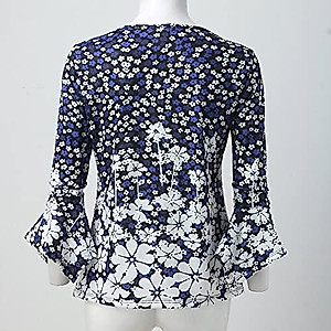 Tshirts Shirts for Women 3/4 Bell Sleeve Button Down Henley Tops Flowy Pleated Casual V Neck Ditsy Floral Blouse