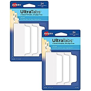 Avery Ultra Tabs, File Tabs, 3" x 1.5", 2-Side Writable, White, 24 Tabs Per Pack, 2-Pack, 48 Self Adhesive Tabs Total (34777)