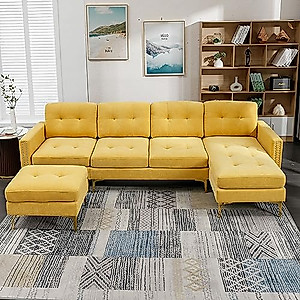 UBGO 110" Large Sofa,Living Room Furniture Sets,U/L-Shape Sectional Chaise Lounge and Convertible Ottoman,Velvet Couches for Apartment,Office (Yellow)
