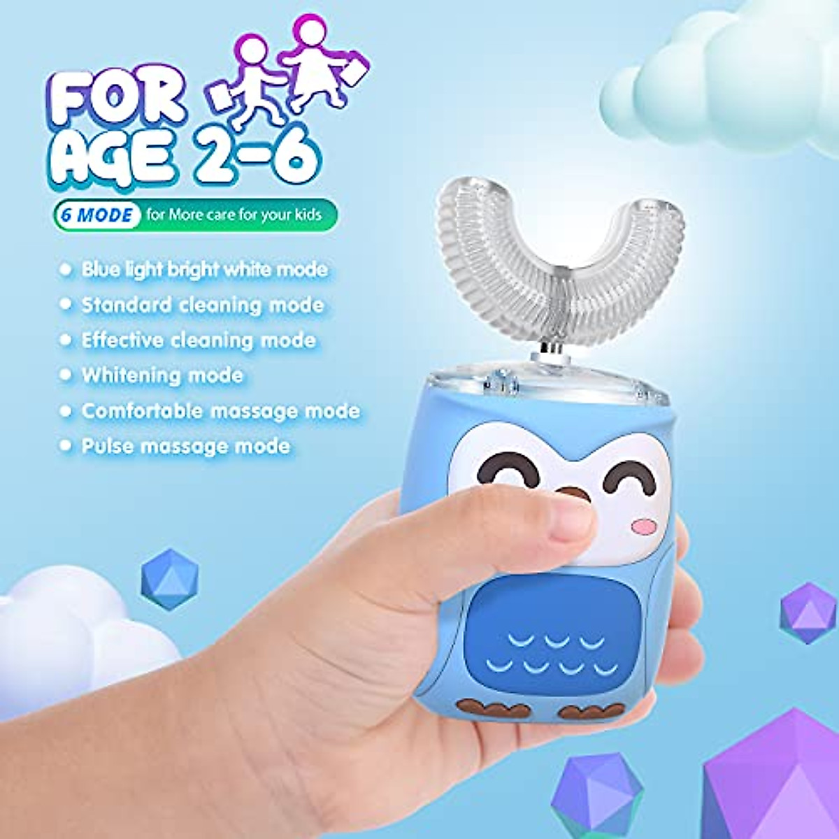 Flying Ideas Kids Electric Toothbrush, U Shaped Toothbrush, Ultrasonic Automatic Toothbrush Kids with 6 Modes, Full/Whole Mouth Baby Toothbrush, IPX7 Waterproof(Light Blue)