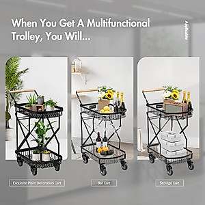 Gurblofy Bar Cart, Foldable Serving Cart for Home, Bar Cart with Wheels, Black Bar Cart with Glass Holder and Wine Rack, Indoor & Outdoor Kitchen, Dining Room, Patio, Party Cart, GBBC-B