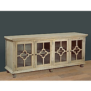 Sunset Trading Cottage Clover Glass Door Credenza Solid Wood Display Cabinet | Fully Assembled Sideboard Buffet Server, 87" Wide, Distressed Driftwood Brown