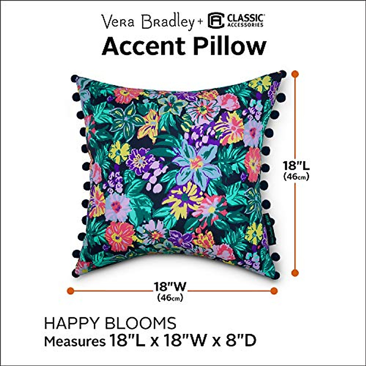 Vera Bradley by Classic Accessories Water-Resistant Outdoor Throw Pillow with Poms, 18 x 18 x 8 Inch, 2 Pack, Happy Blooms
