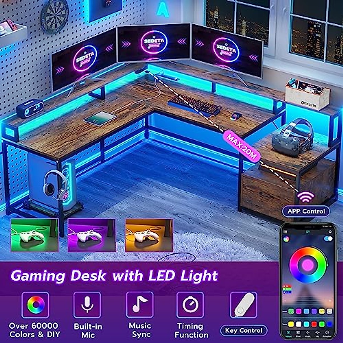 SEDETA L Shaped Desk, 66" with File Drawer & Power Outlet, Home Office Gaming Desk with Led Lights, Corner Computer Desk with Monitor Shelf, Printer Storage Shelves, Two Person Desk, Rustic Brown