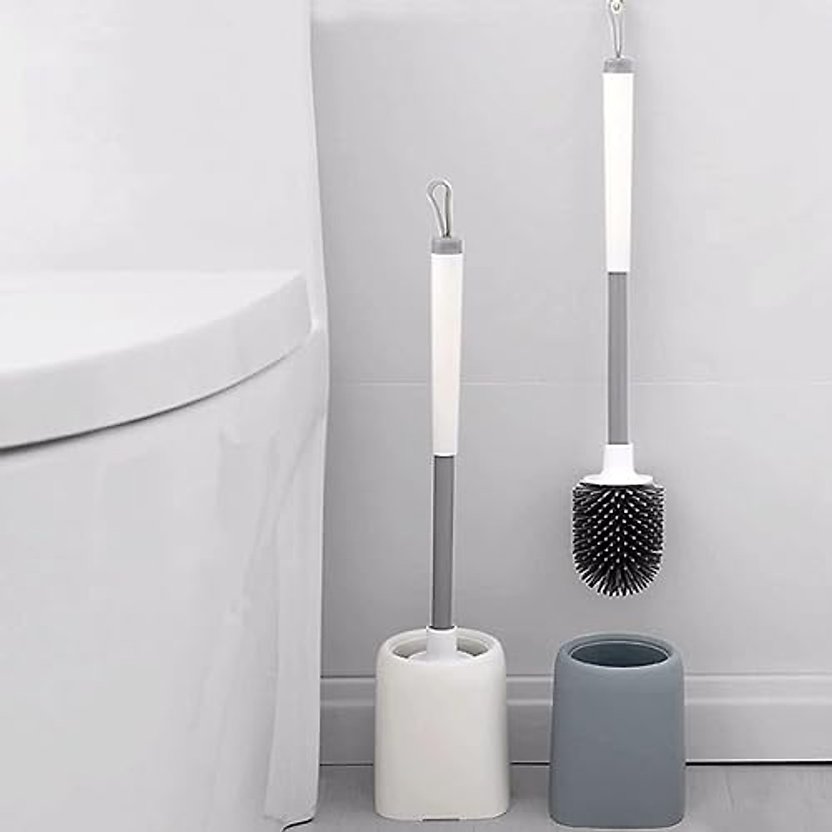 SAAKO Toilet Brush and Holder Silicone Toilet Cleaner Brush Plastic Bathroom Cleaning Toilet Bowl Brush Floor Mounted Dual Use